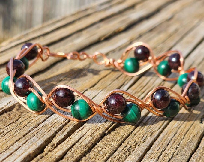 Simple Copper Wire-wrapped Garnet and Malachite Bracelet Cuff - Etsy