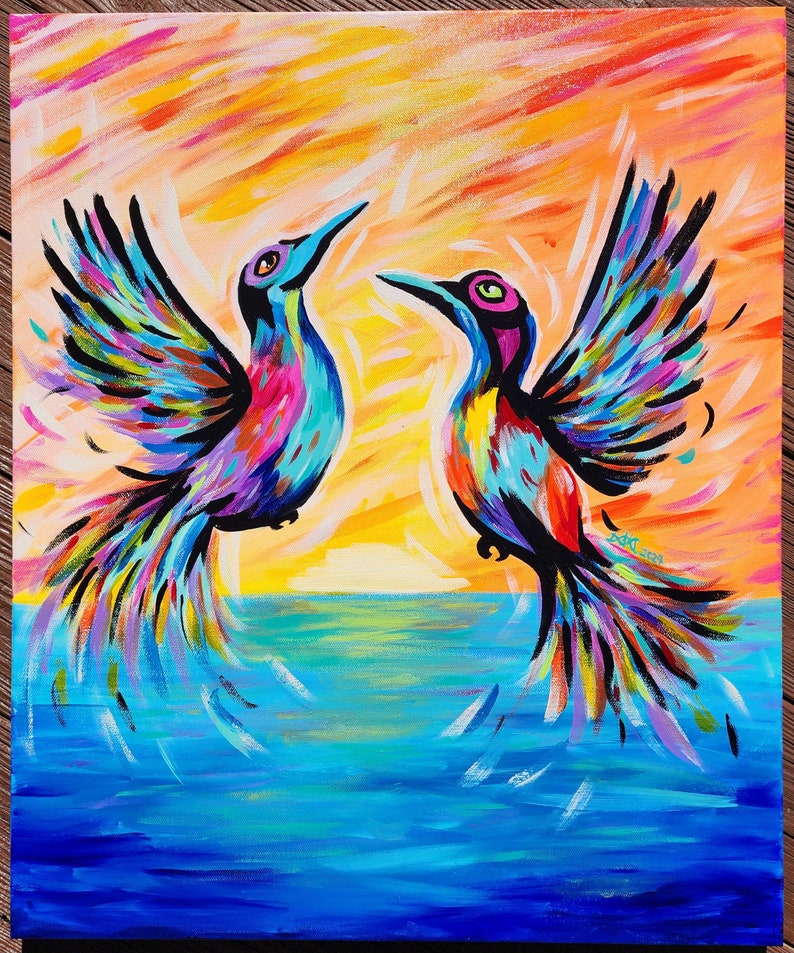 20 X 24 Abstract Birds at Sunset Colorful, OOAK Handmade Acrylic ...