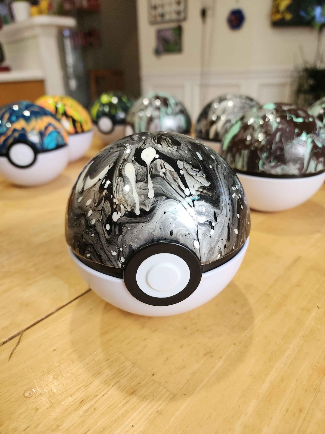 Acrylic Pour Art Pokeball Tin - Grayscale Display Piece (4.5") - Etsy