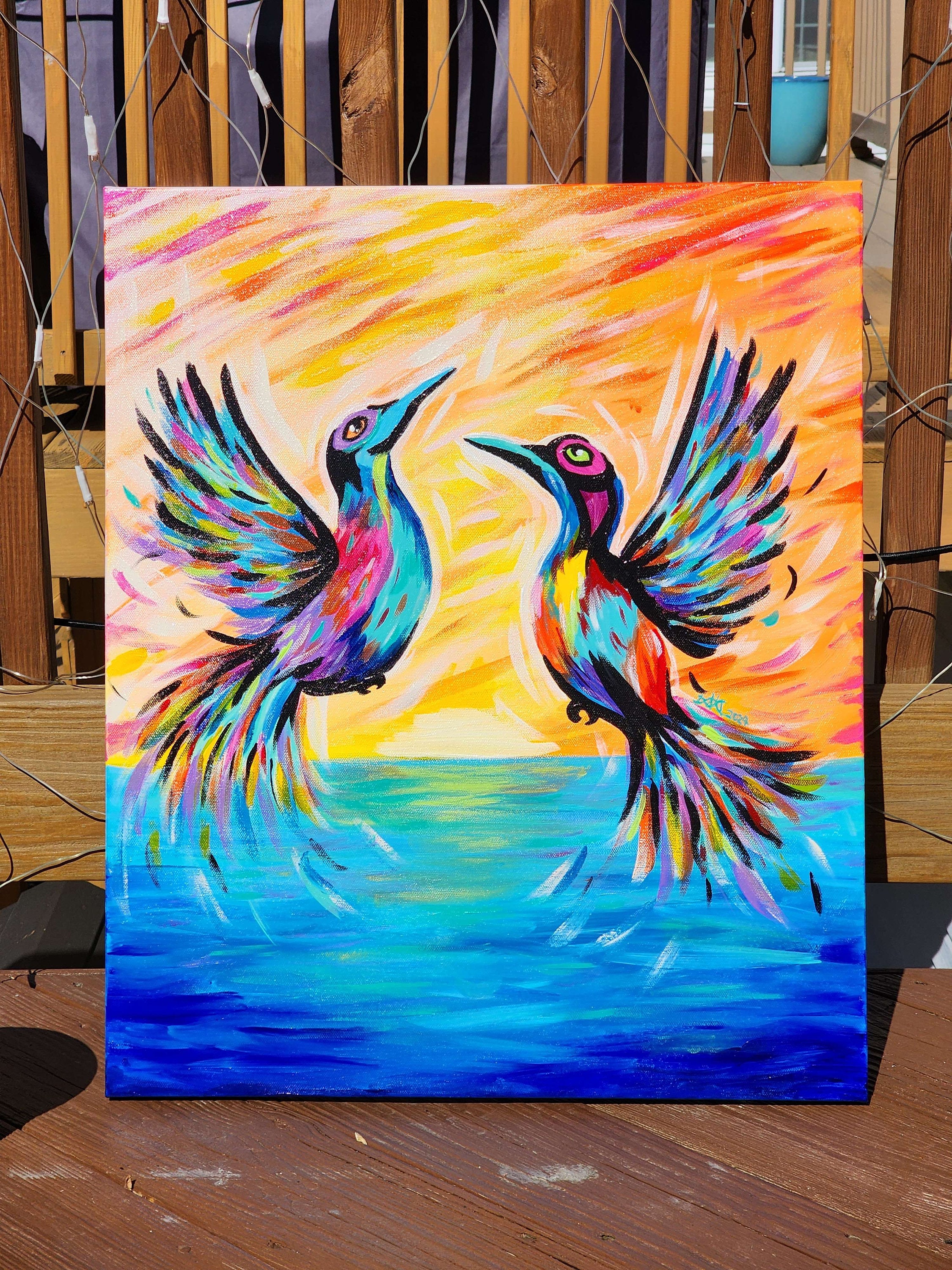20 X 24 Abstract Birds at Sunset Colorful, OOAK Handmade Acrylic ...