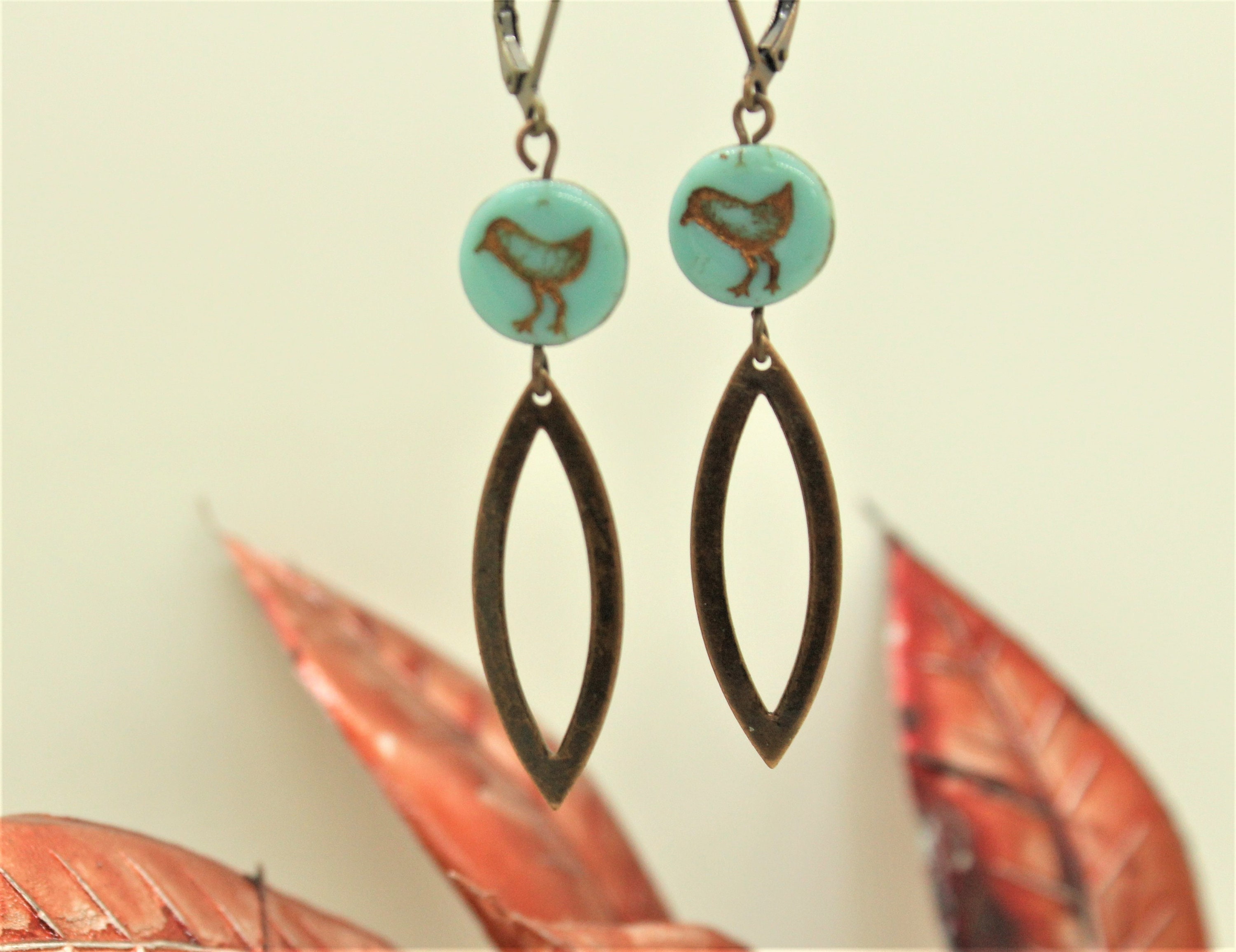 Pendientes de pájaro azul turquesa y cobre - pendientes Boho pájaro ...