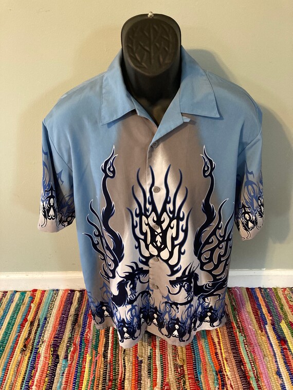 Upaan Fire Flames Button Up Shirt Sz XL Flashy Club W… - Gem
