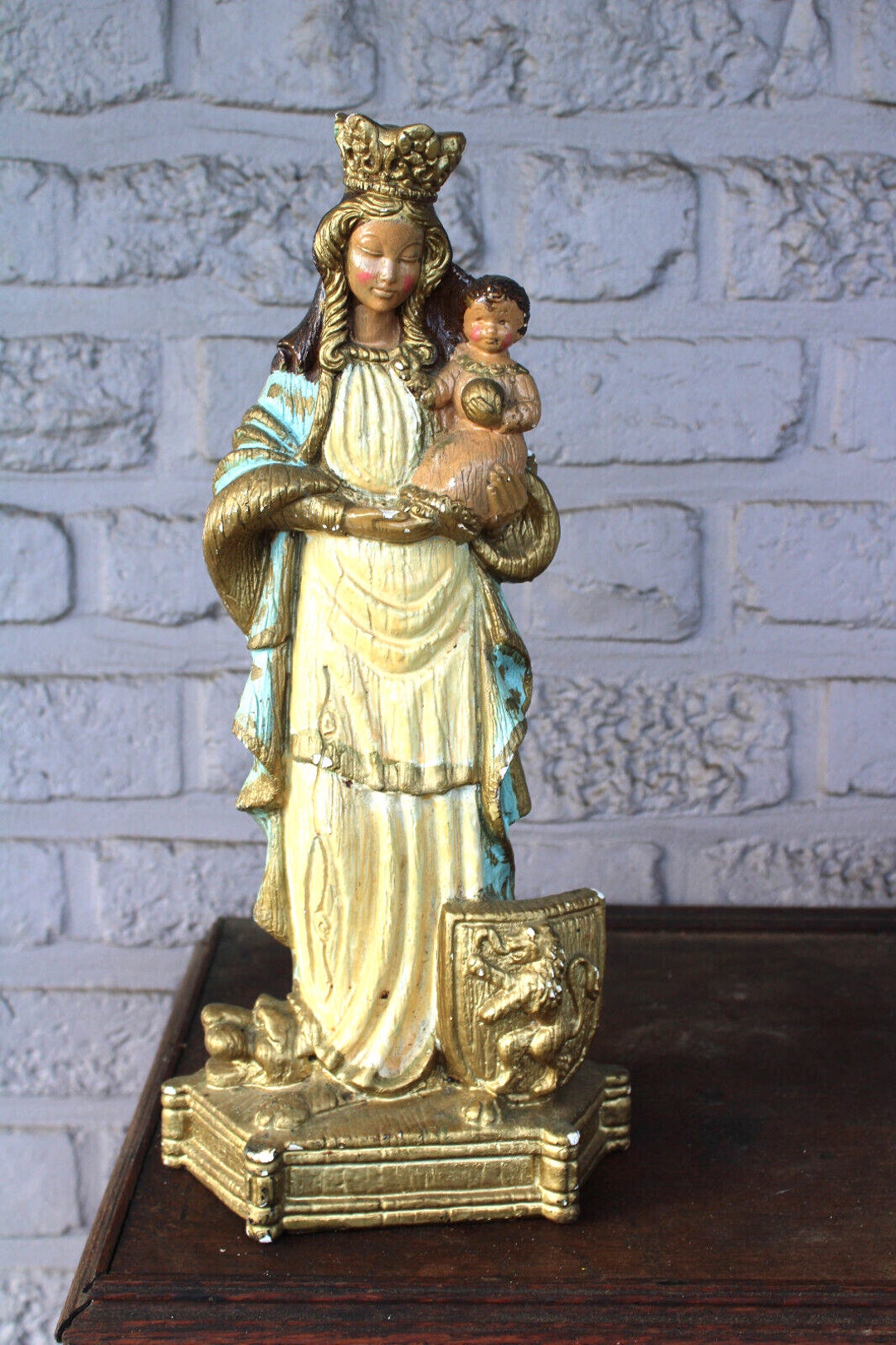 Antique Ceramic Chalk Our Lady of Flanders Lion Snake Statue Signed ...