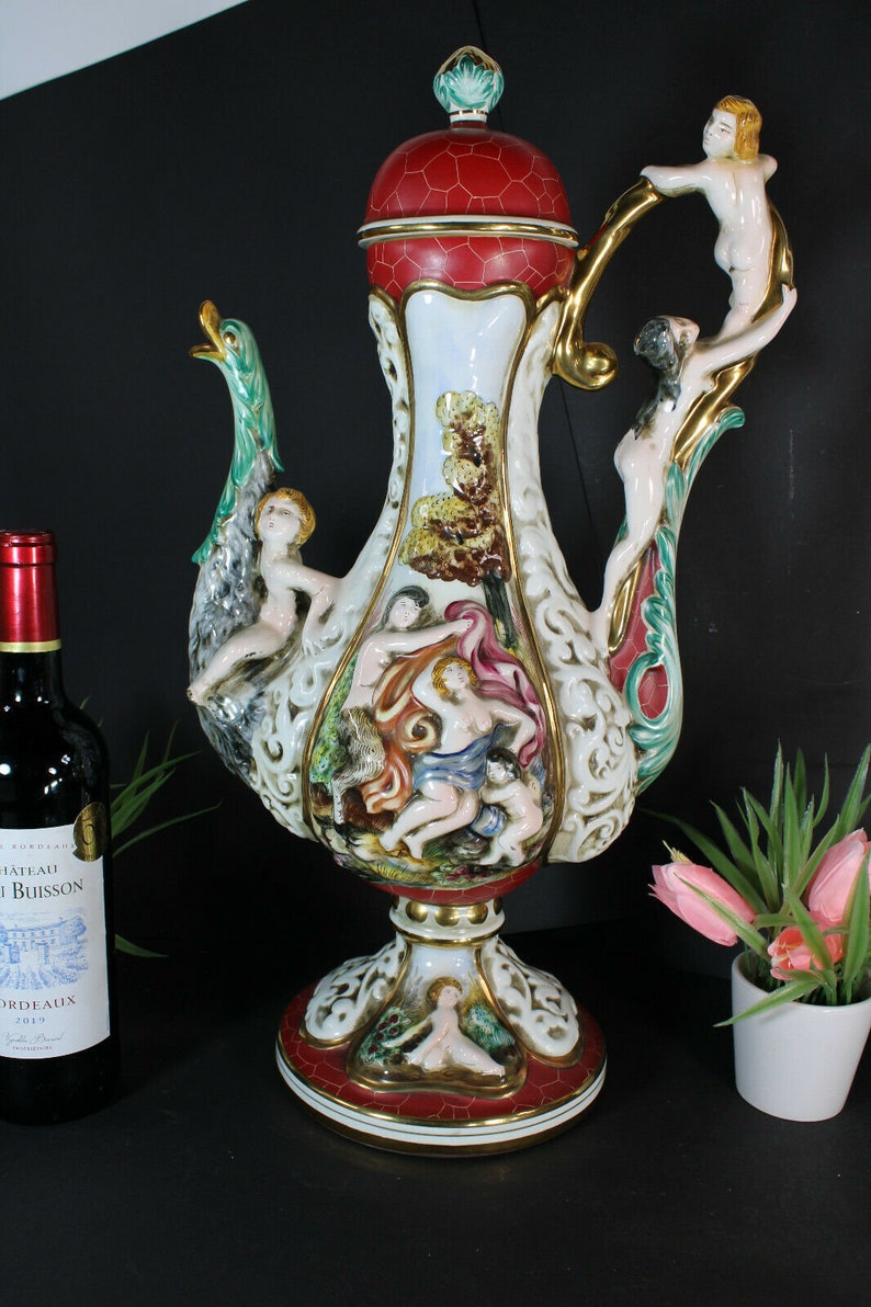 XL Capodimonte Porcelain Marked Pitcher Vase Swan Putti Cherub - Etsy