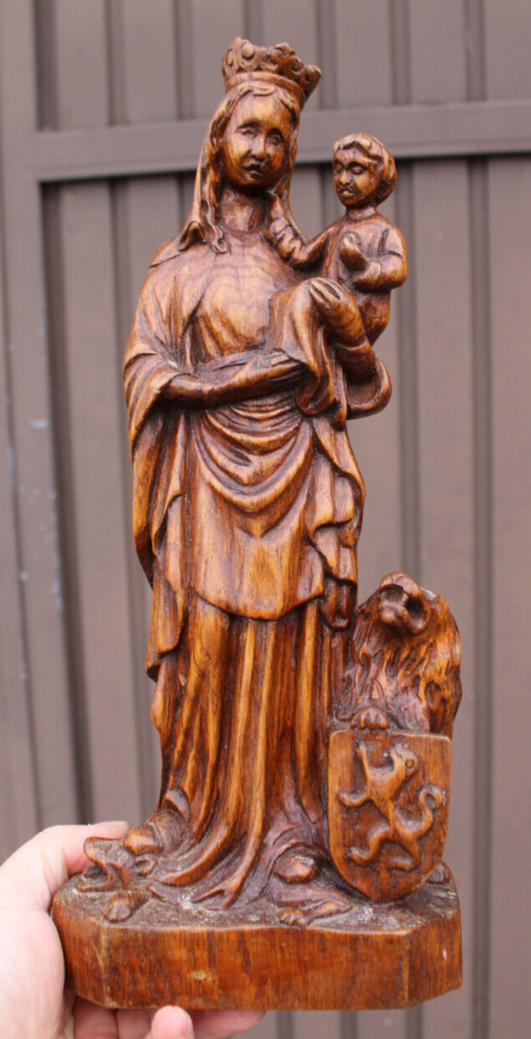 Antique Wood Carved Statue Our Lady of Flanders Lion Flemish Religious ...