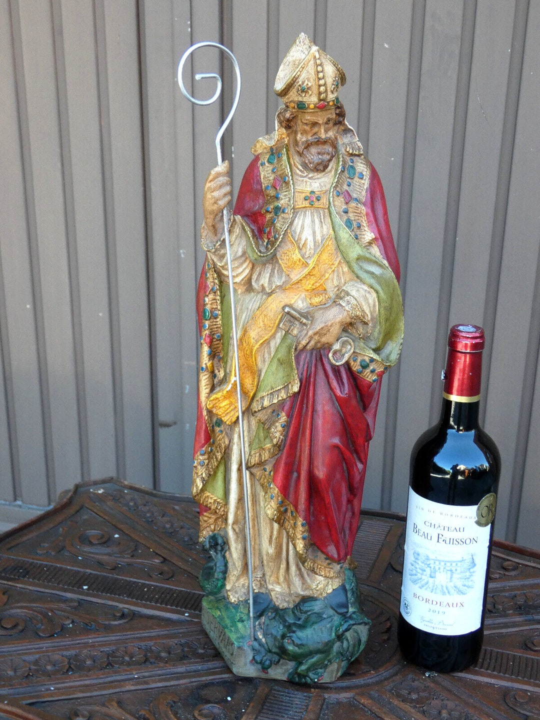 Antique Large French Ceramic Chalk Saint Servatius Bishop Statue Dragon ...