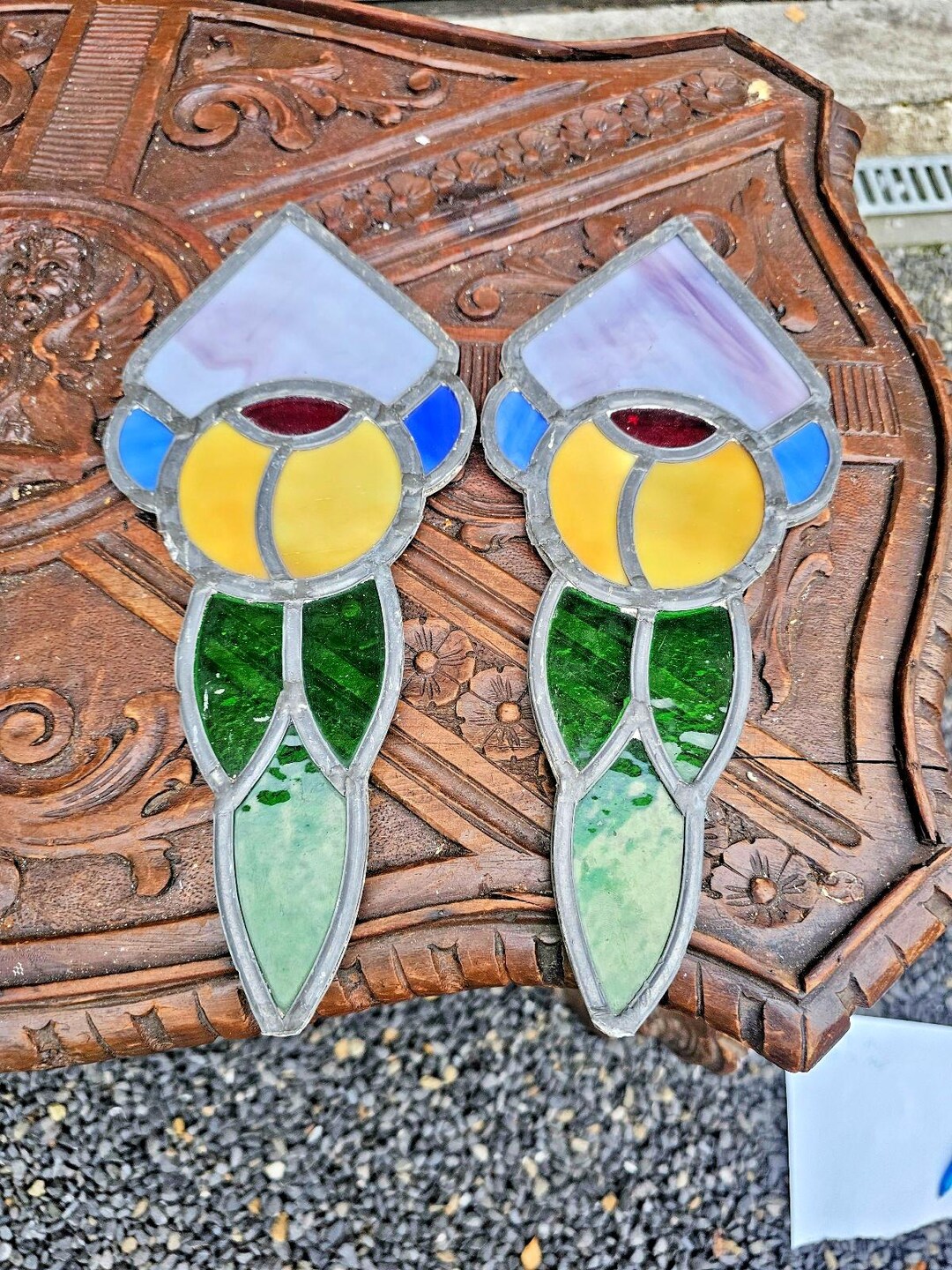 Pair Vintage Stained Glass Window Plaque Flower - Etsy