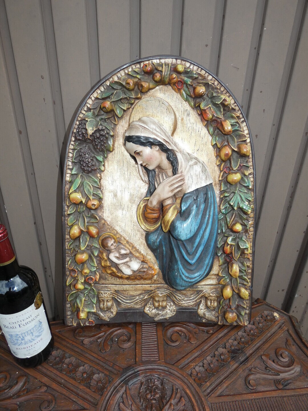 Antique Xl Italian Chalk Relief Madonna Jesus Angels Fruit Religious ...