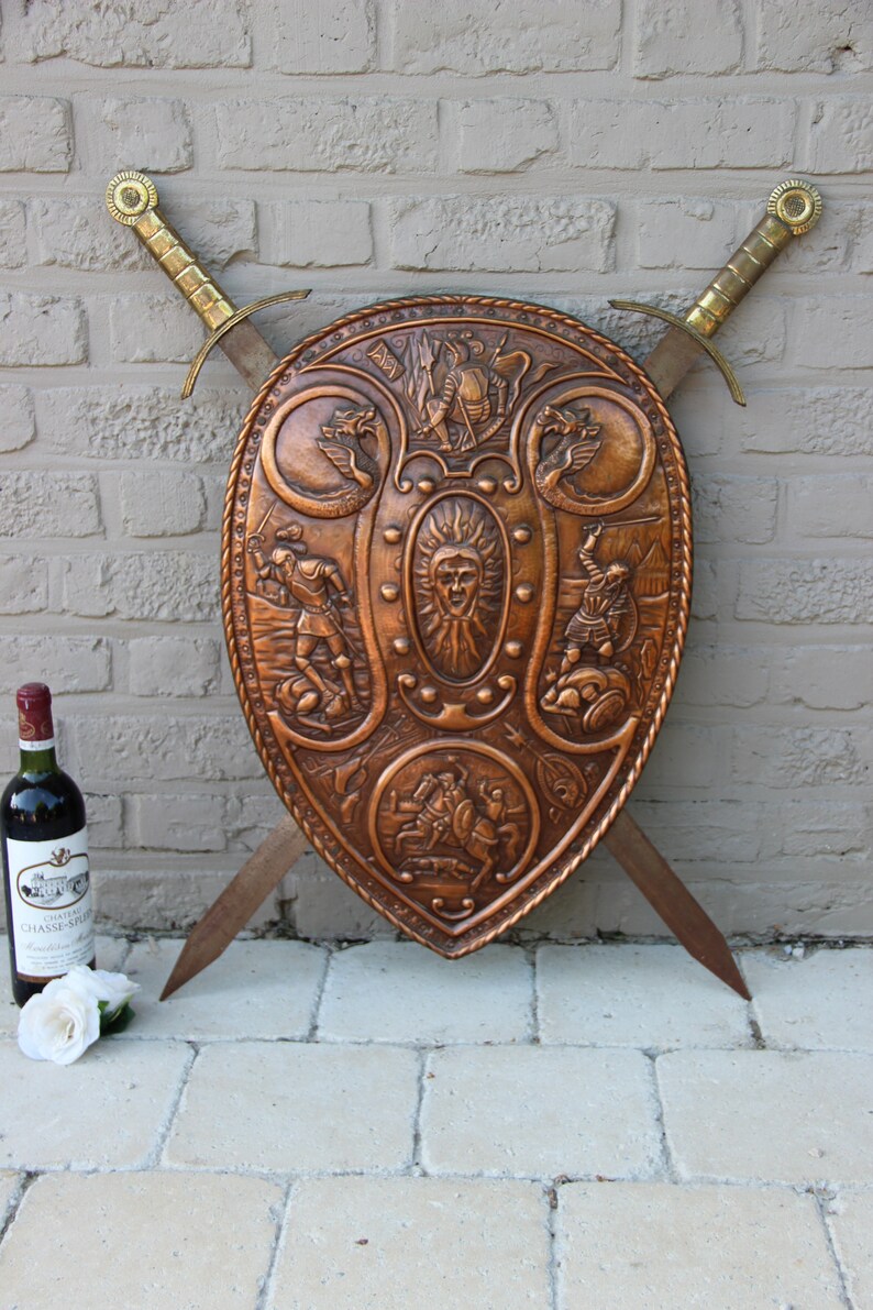 Vintage French Wall Armor Shield Copper Relief Dragon Battle - Etsy