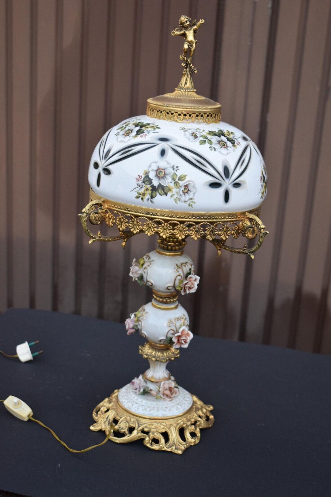 Vintage Italian Capodimonte Marked Porcelain Table Lamp Opaline Glass ...