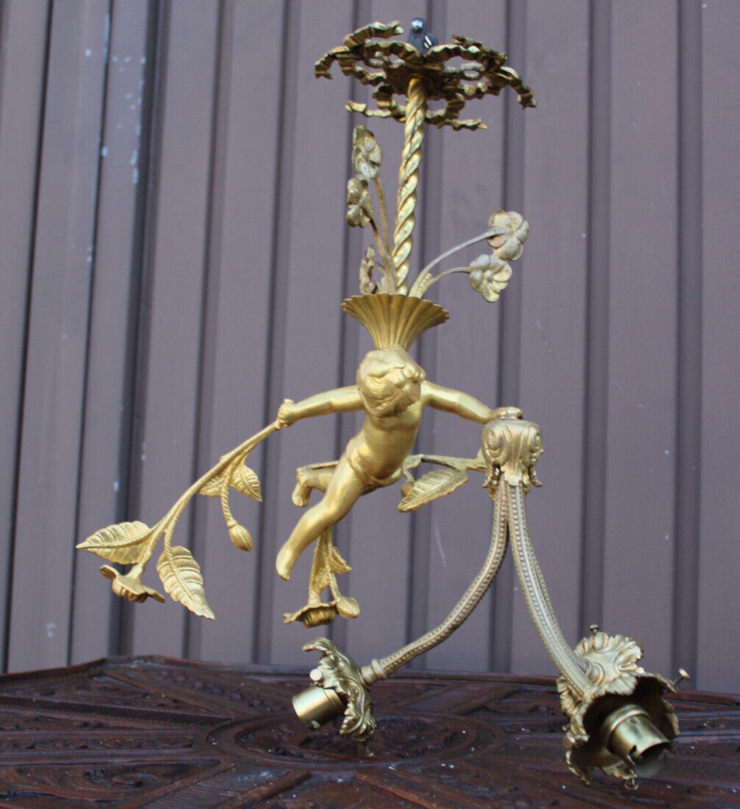 French Bronze Putti Angel 3 Arm Chandelier Pendant Lamp Floral Decor ...