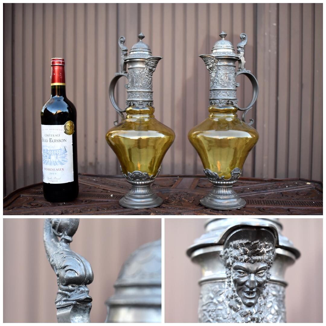 Pair Antique French Pitcher Ewers Glass Pewter Satyr Dolphin Decor Rare ...