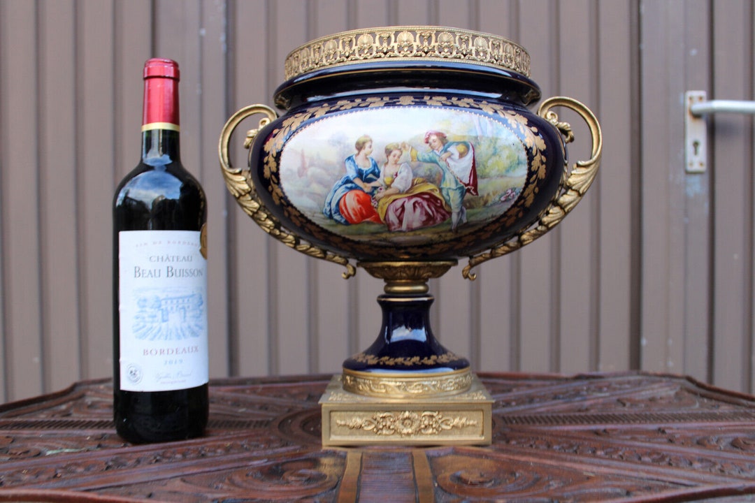 Large Vintage Porcelain Sevres Decor Brass Centerpiece Bowl Marked Vase ...