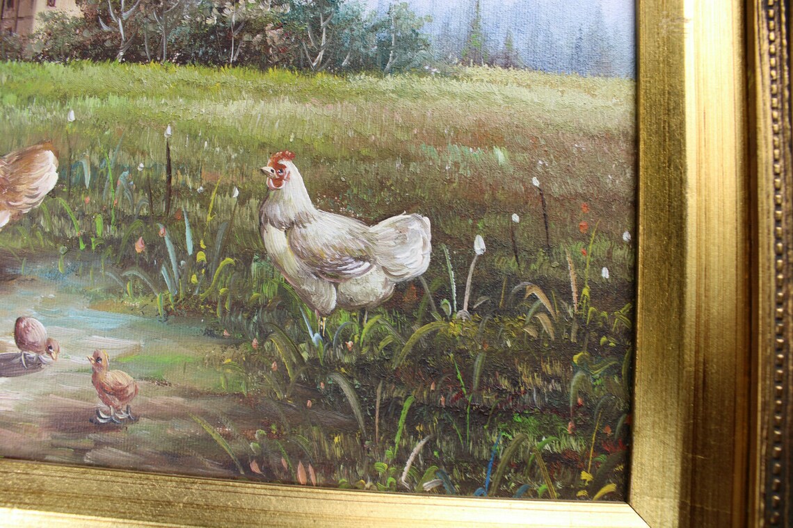 Vintage Flemish Oil Canvas Animal Chicken Rooster Family | Etsy