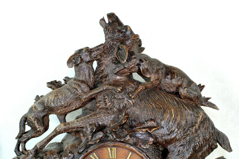 Xl Top Antique Black Forest Wood Carved Clock Hunting Scene | Etsy