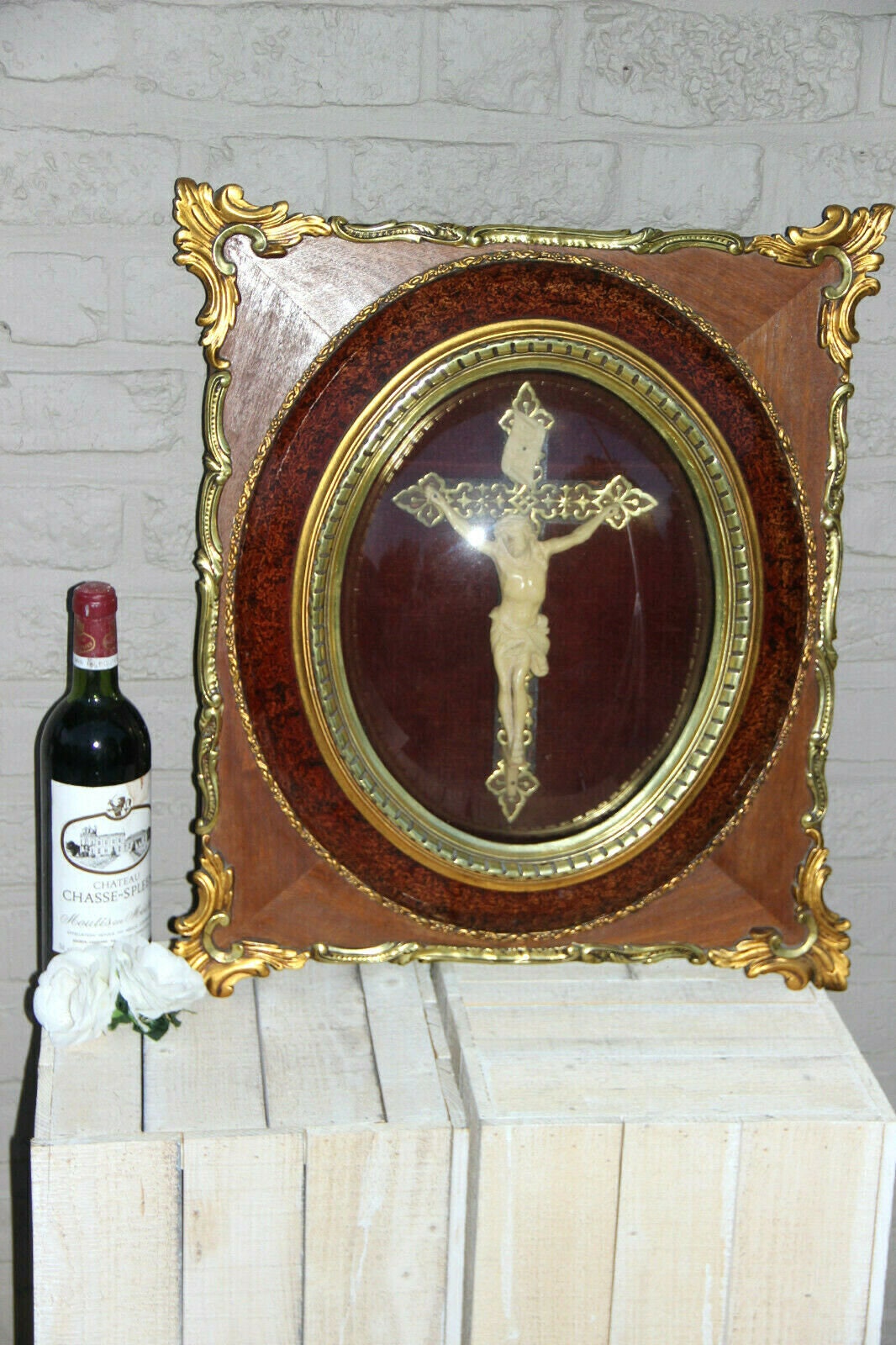 Large French Religious Crucifix Cross Behind Globe Framed 1950 ...