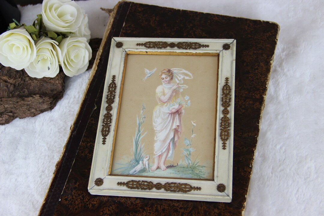 Gorgeous Antique 19thc Napoleon Iii Drawing Coloured Lady With Birds ...
