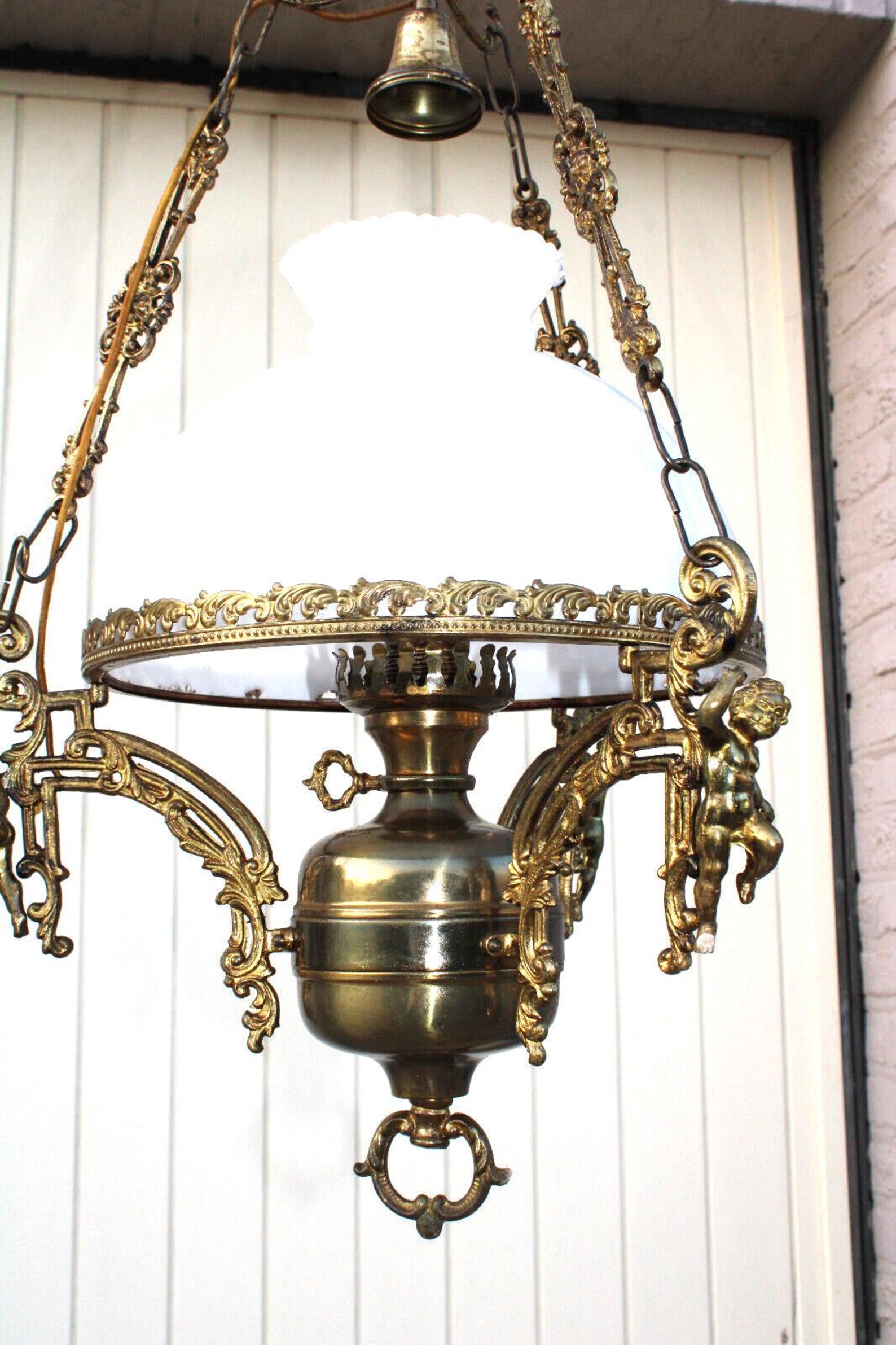 Flemish Bronze Cherub Putti Figural Opaline Glass Chandelier Lamp ...