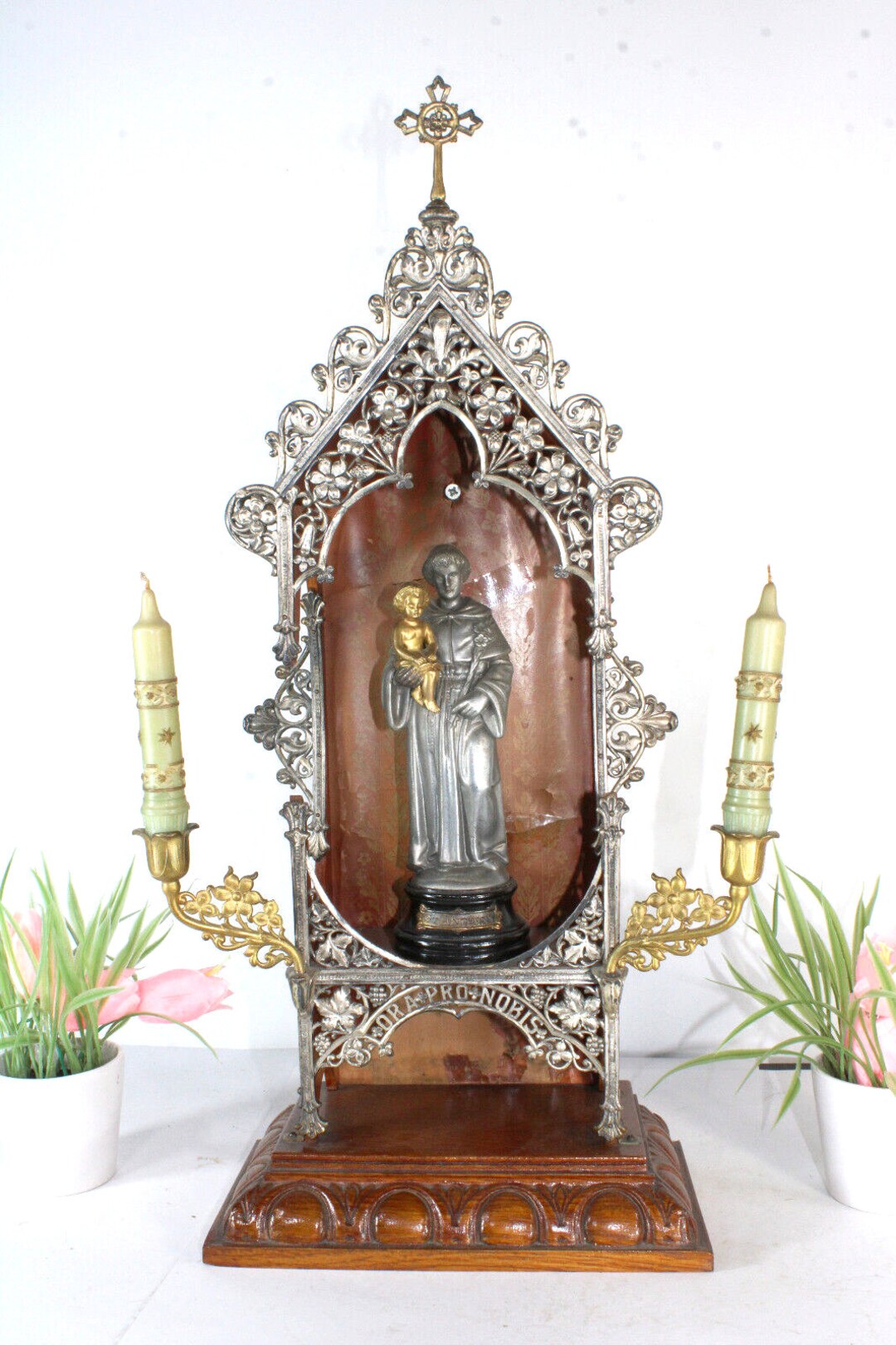 Antique Devotion Home Altar Chapel Saint Anthony Candle Holders Lost ...