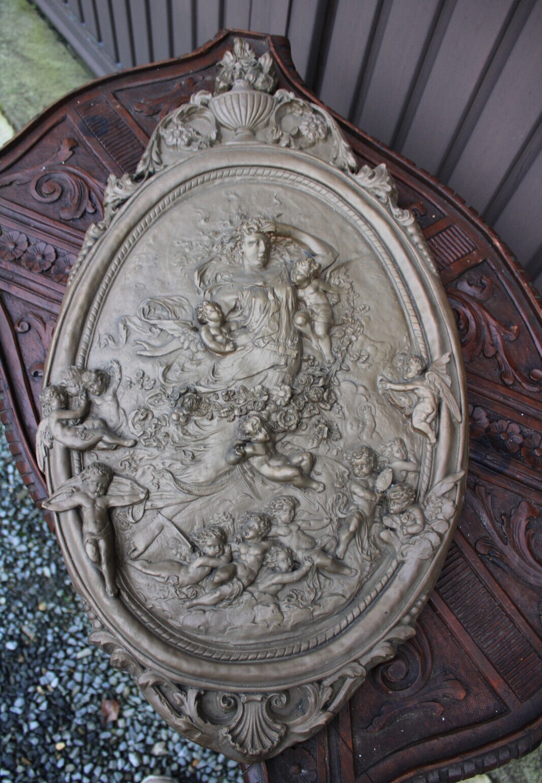 Antique Xl Ceramic Chalk Wall Plaque Panel Cherub Angels Nymph Relief ...