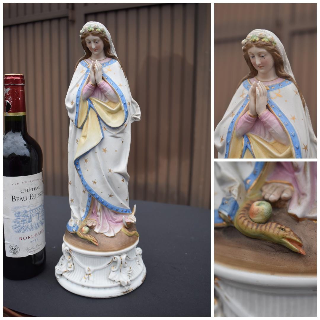 Antique Belgian Bisque Porcelain Madonna Steps Evil Snake Statue 19thc ...
