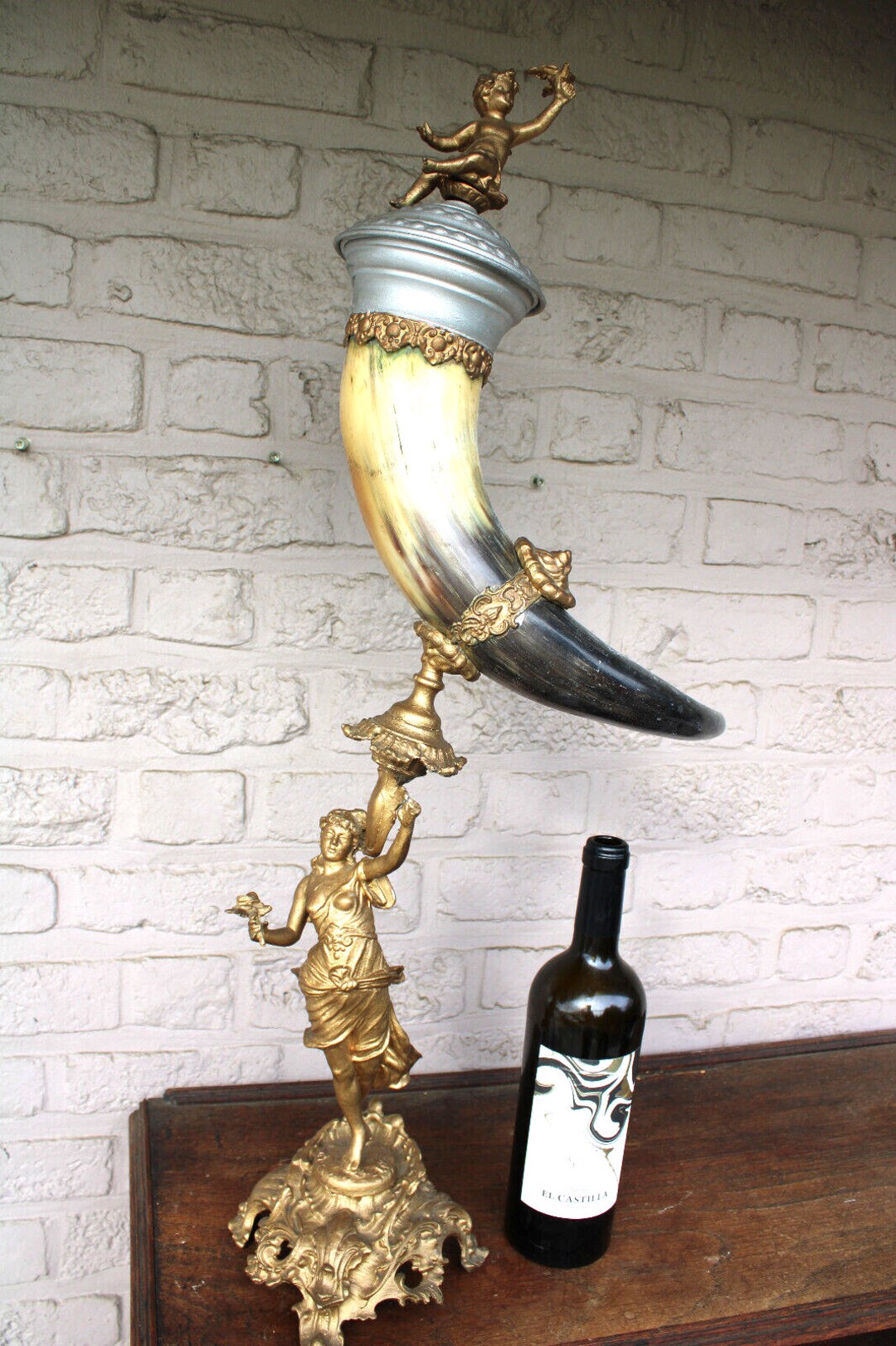 Antique Xl Spelter Metal Statue Cornucopia Lady Horn Putti Cherub Bird ...