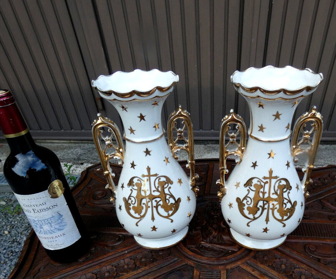 Pair Antique French Religious Monogram Limoges Porcelain Vases Marked ...