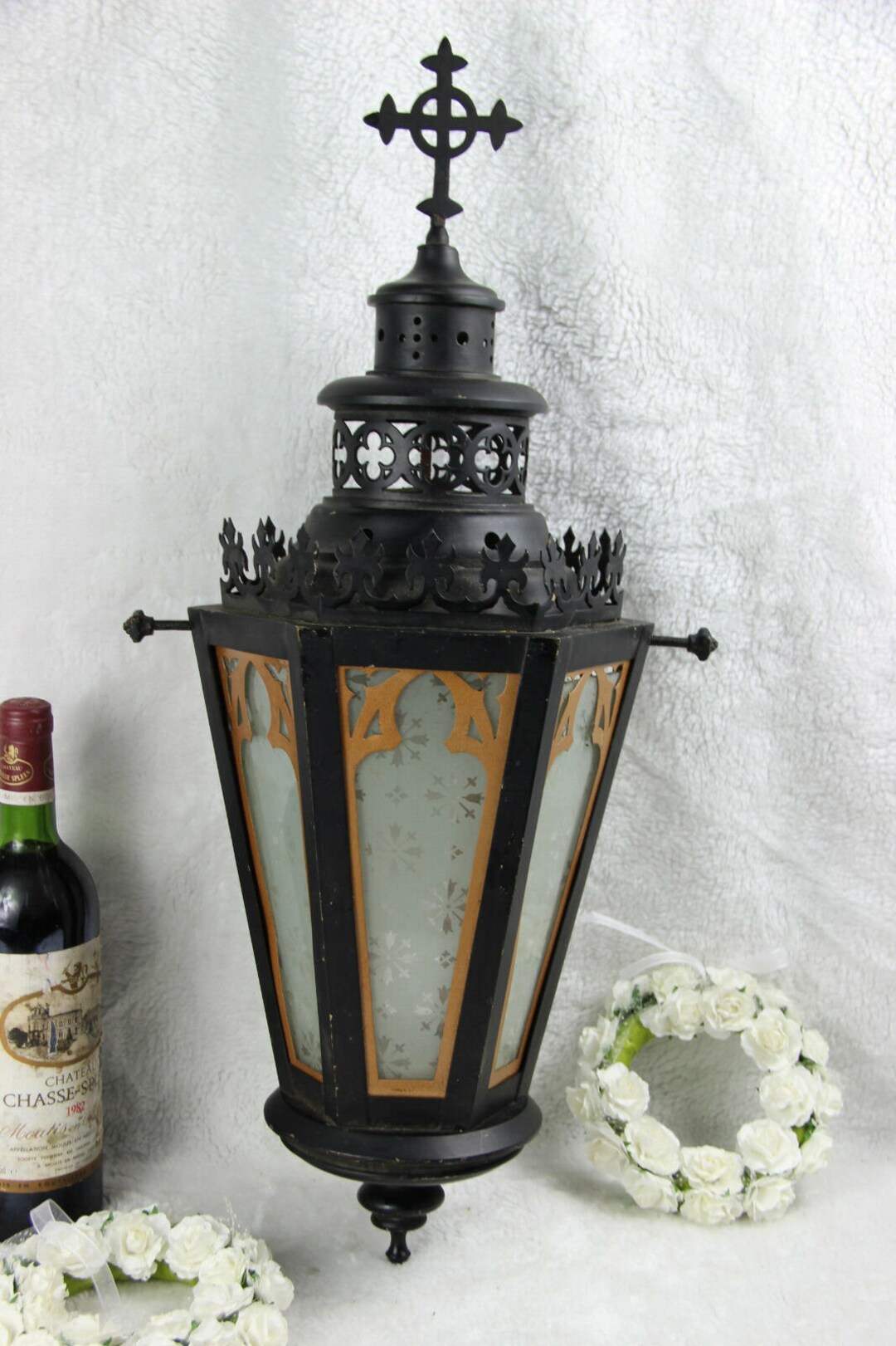 Religious Gothic Church Lantern Light Metal Black Cross Glass Candle ...