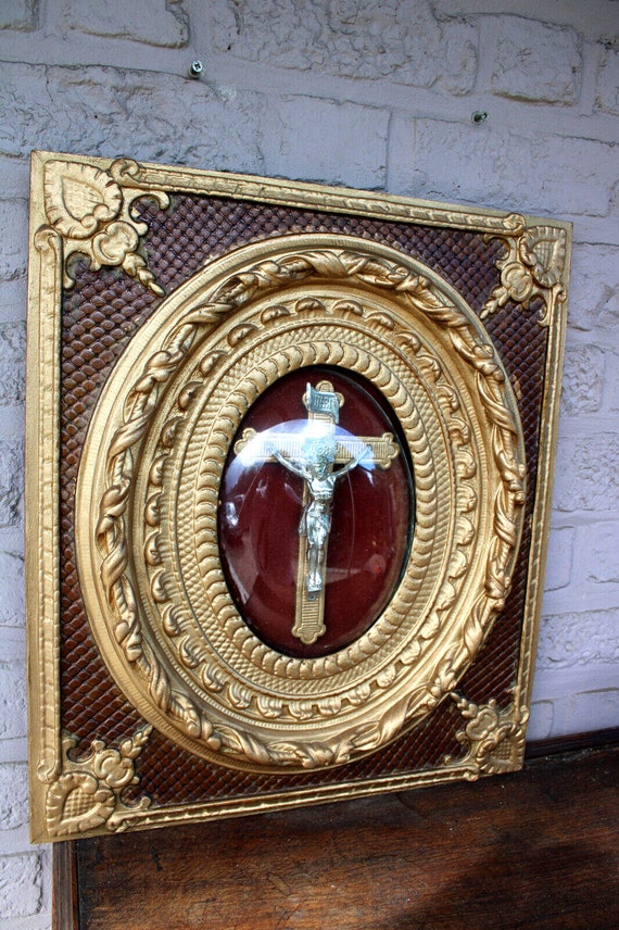 Antique Religious Wall Plaque Panel Crucifix Convex Glass - Etsy