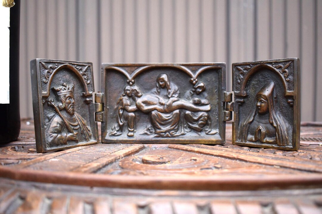 Antique French Bronze Pieta Triptych 18th C Travelling Altar With Queen ...