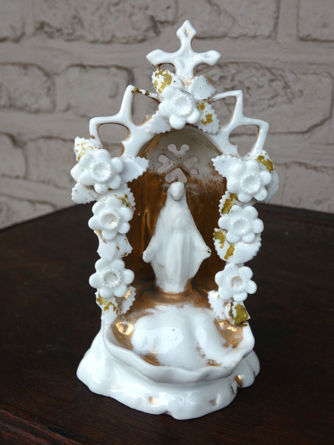 Antique French Old Paris Porcelain Chapel Niche Holy Water Font Flowers ...