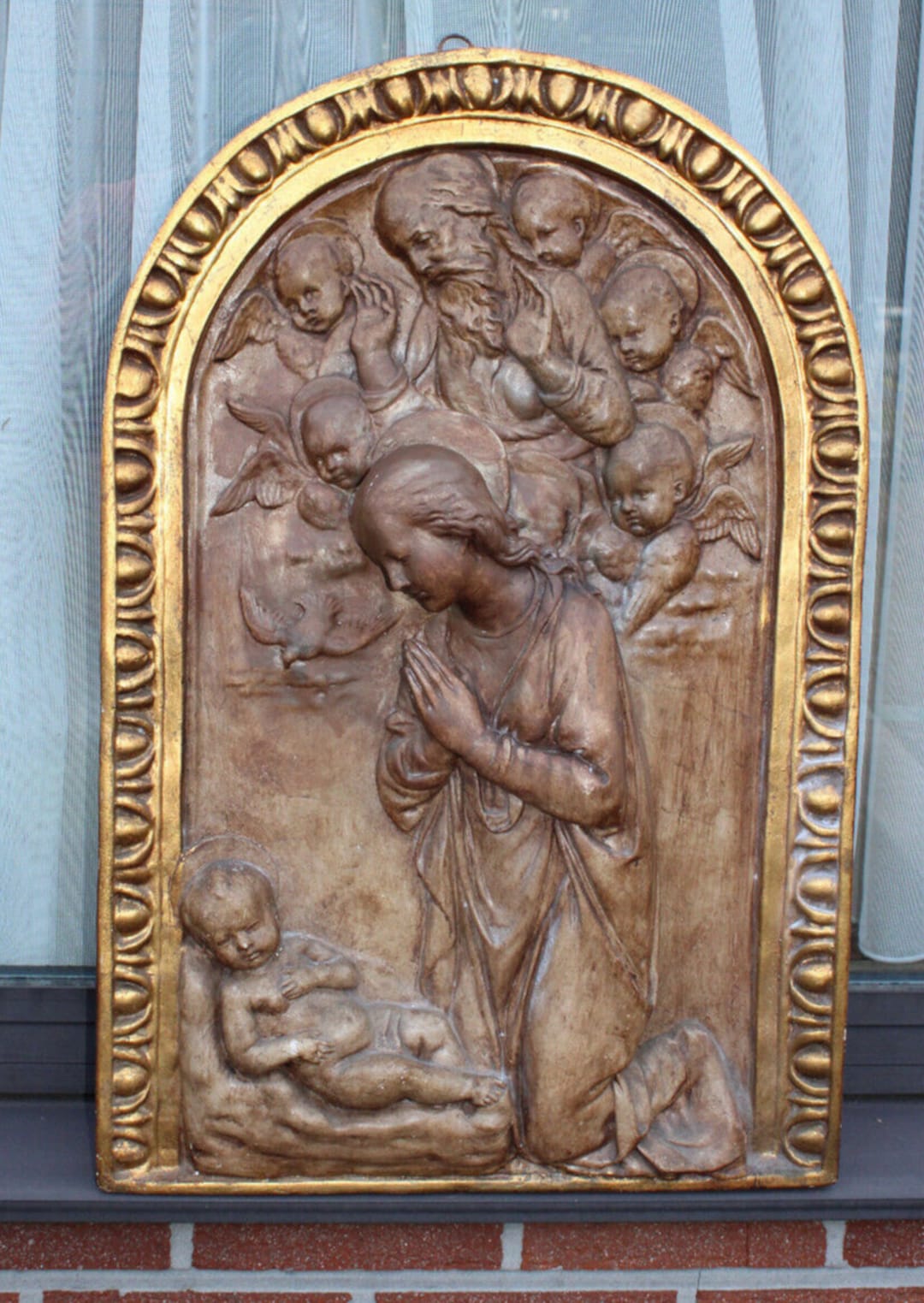 Antique Xl Ceramic Religious Wall Plaque Madonna God Father Baby Jesus ...