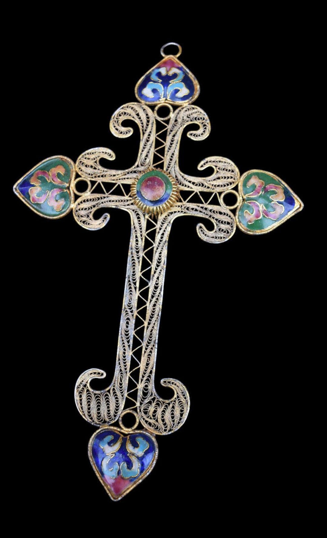 Antique French Metal Filigree Enamel Inlay Decor Crucifix Cross ...