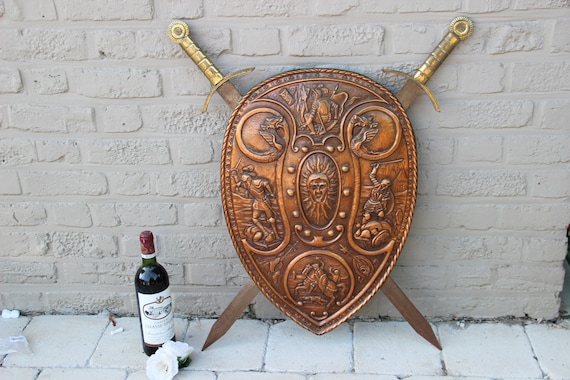 Vintage French Wall Armor Shield Copper Relief Dragon Battle | Etsy
