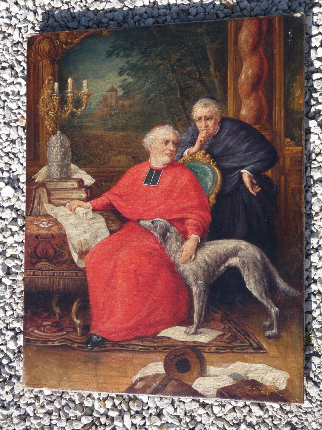 Antique Top Belgian Bishop Cardinal Dog Religious Oil Canvas Painting ...