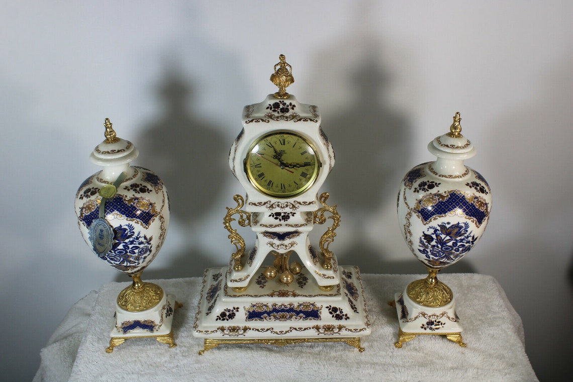 Vintage limoges porcelain mantel clock set vases marked | Etsy