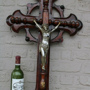 Xl French Antique Wood Carved Neo Gothic Wall Crucifix Religious Church ...