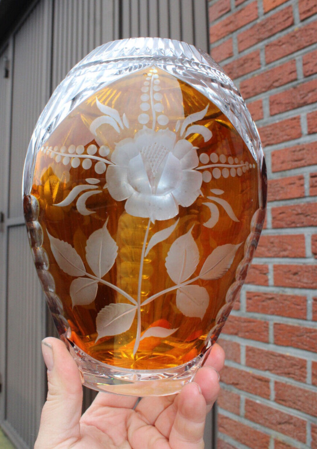 Vintage Bohemia Czech Crystal Glass Amber Clear Roses Decor Vase - Etsy