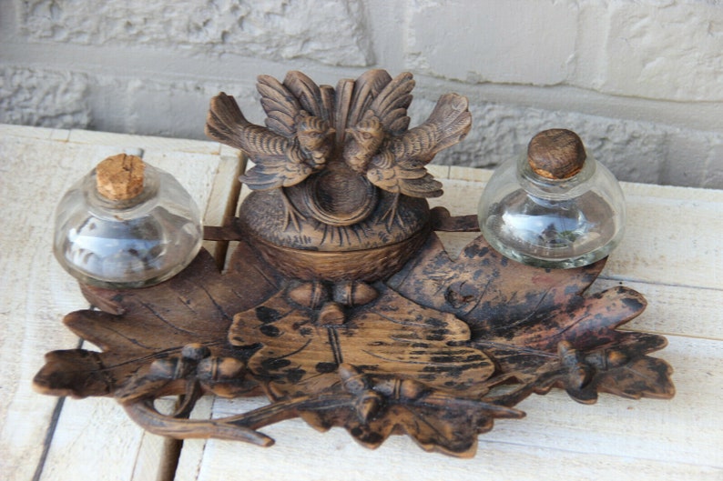 Antique Black Forest Wood Carved Rare Inkwell Birds Couple - Etsy