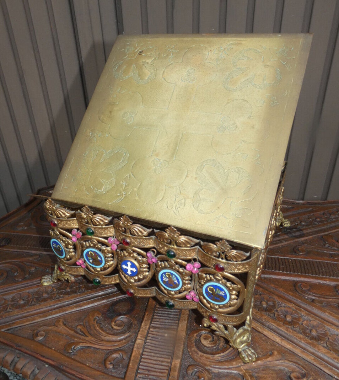 Antique 19thc Brass Religious Lectern Bible Stand Enamel Evangelists ...