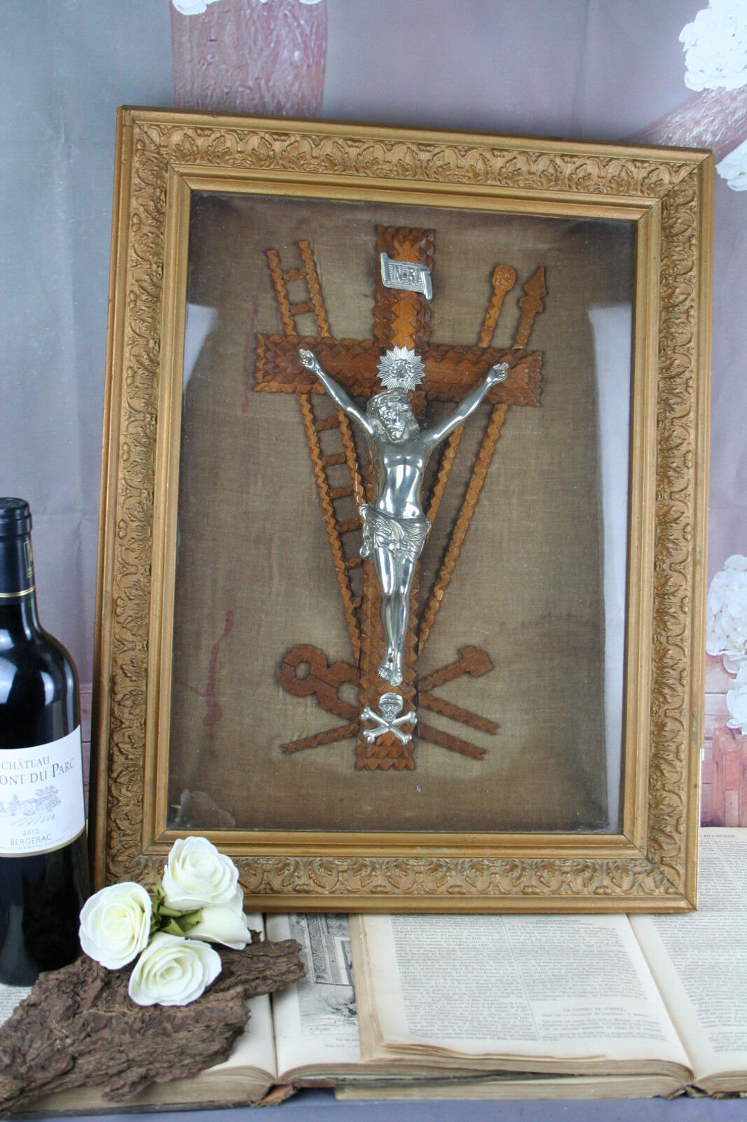 Large Religious Crucifix Tramp Art Wood Carved Wall Framed - Etsy