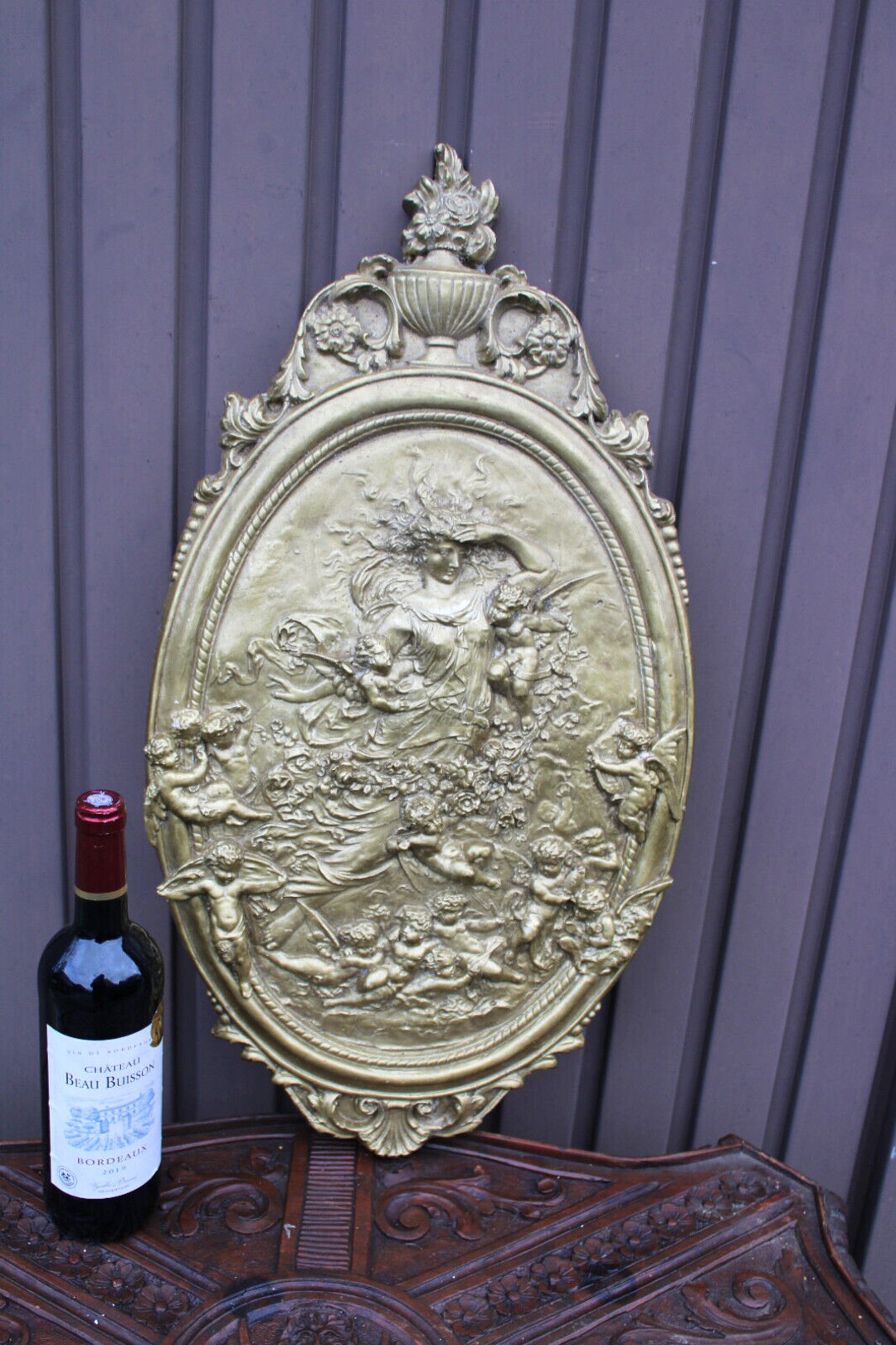 Antique Xl Ceramic Chalk Wall Plaque Panel Cherub Angels Nymph Relief ...