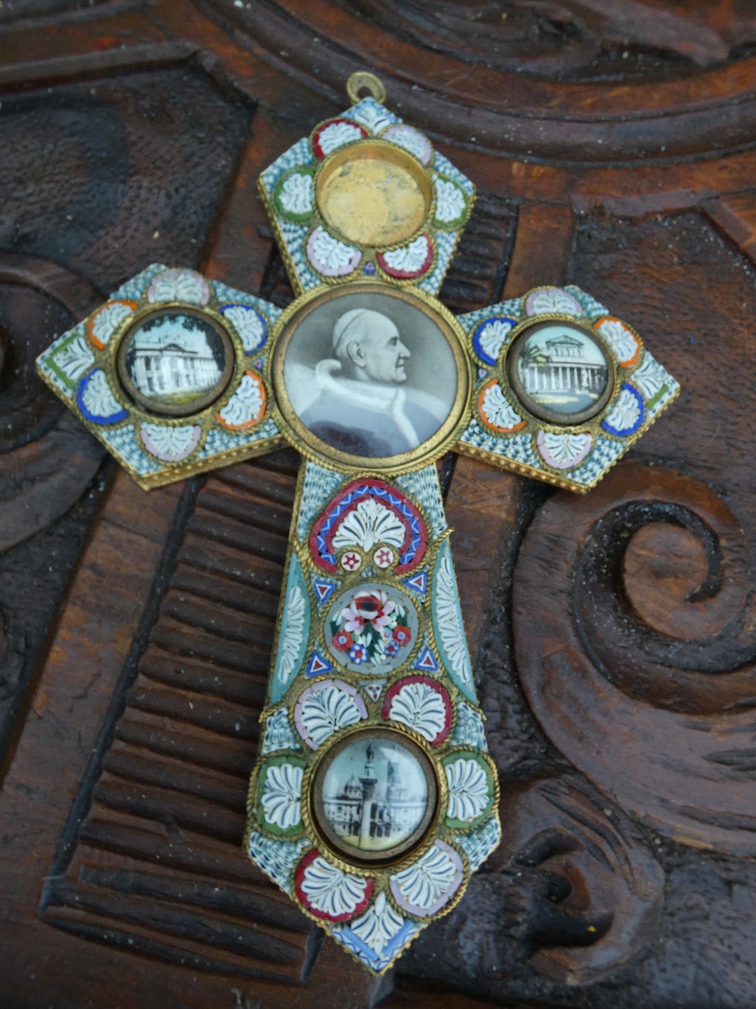 Vintage Italian Micro Mosaic Cross Pendant Pope Pius Xi - Etsy