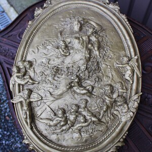 Antique Xl Ceramic Chalk Wall Plaque Panel Cherub Angels Nymph Relief ...