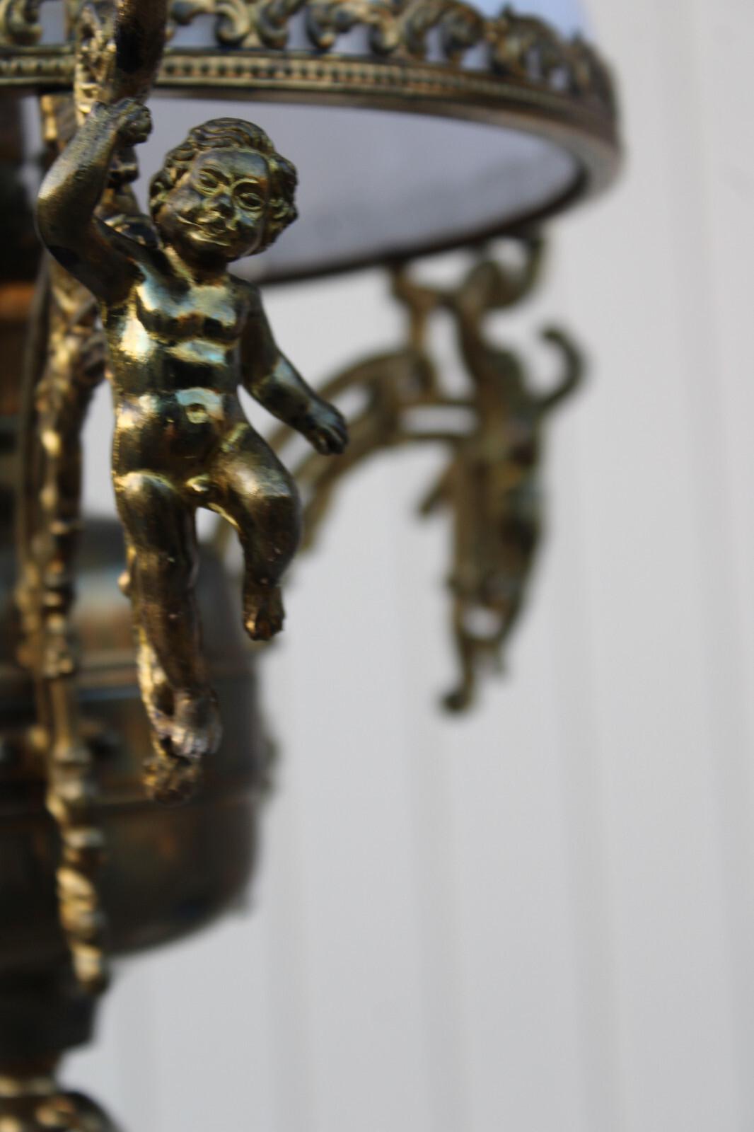 Flemish Bronze Cherub Putti Figural Opaline Glass Chandelier Lamp ...