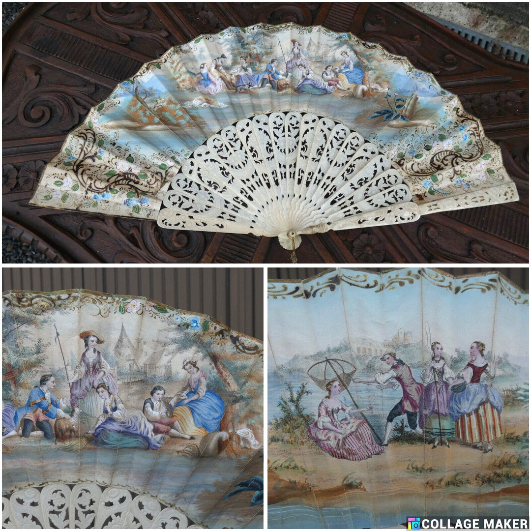 Antique French Hand Painted Paper Fan 1800s Romantic - Etsy