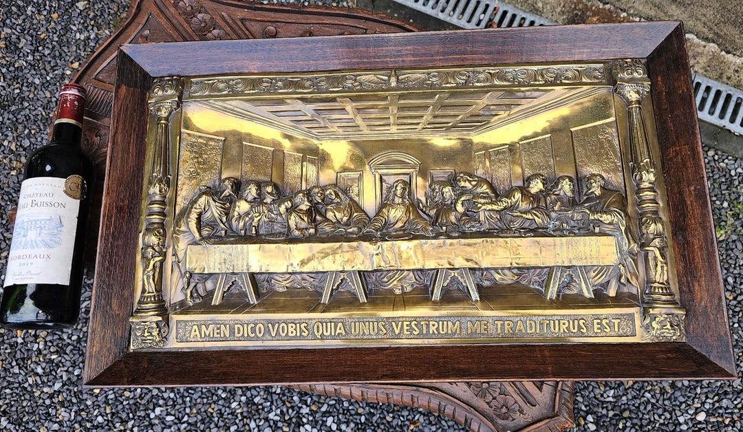 Vintage Copper Bas Relief Last Supper Christ in Wood Frame Religious ...