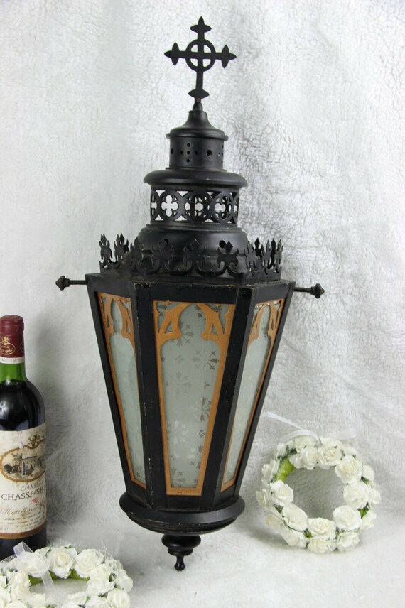 Religious gothic church lantern light metal black cross glass | Etsy