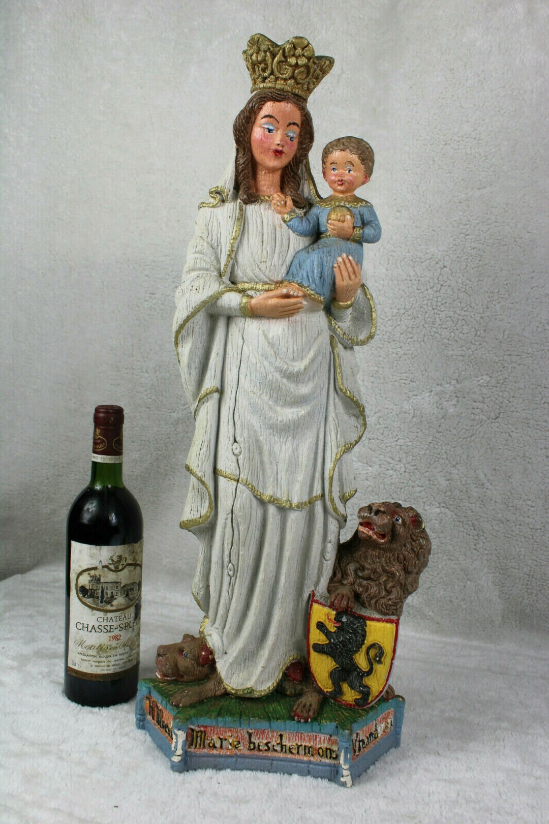 Xl Flemish Chalkware Statue Our Mary of Flanders Lion Snake Religious ...