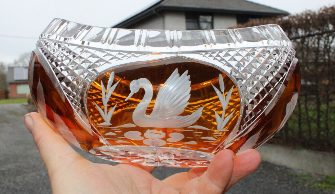 Vintage Bohemia Czech Crystal Glass Amber Clear Swan Roses Decor Vase ...